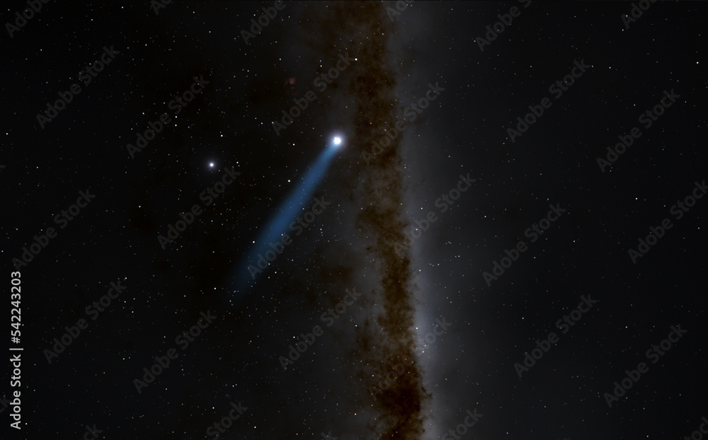 Comet flies on the Milky Way galaxy background, space and stars 3d ...