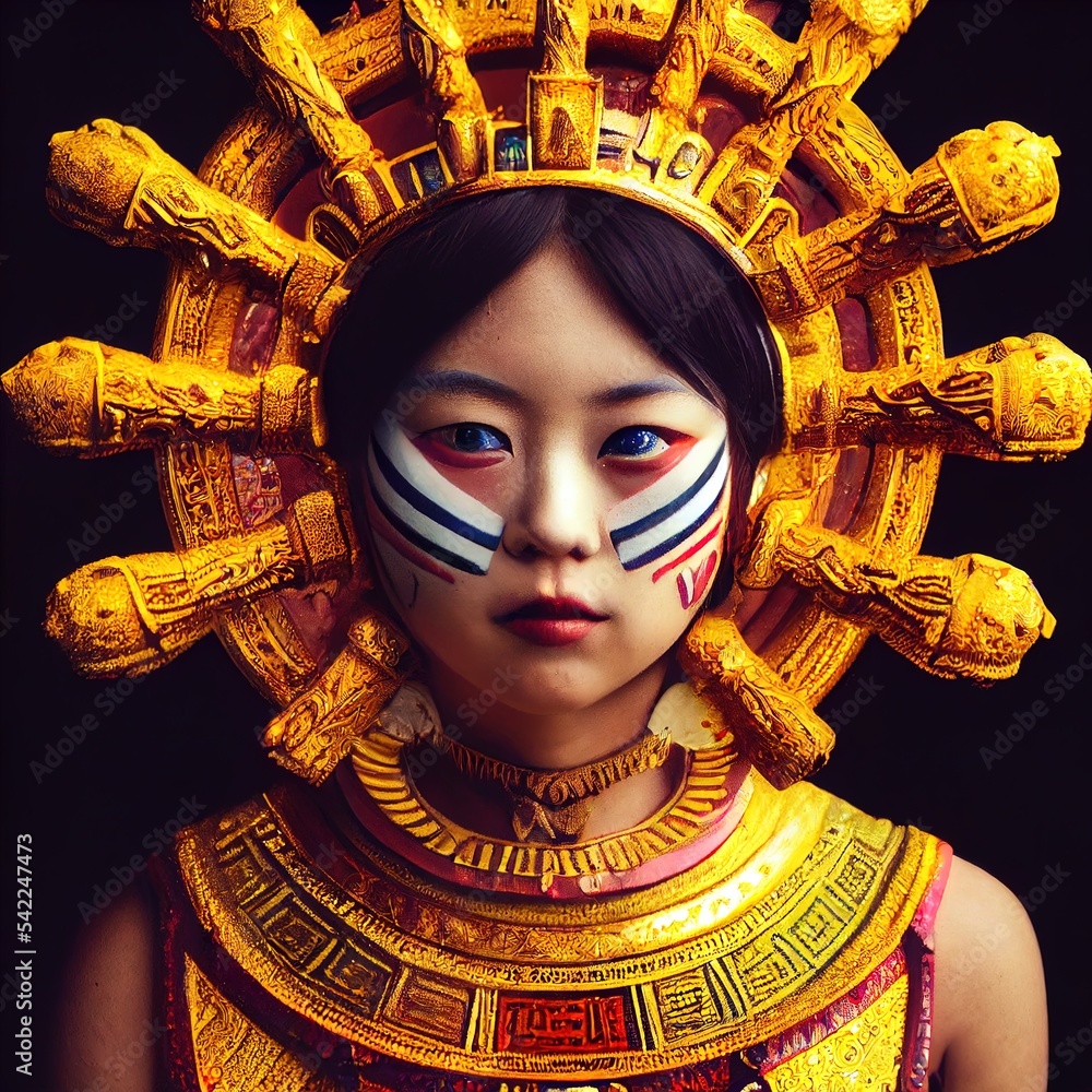 Aztec Girl in Crown Priest Aureola Digital Art 3D Render - AI Generated ...