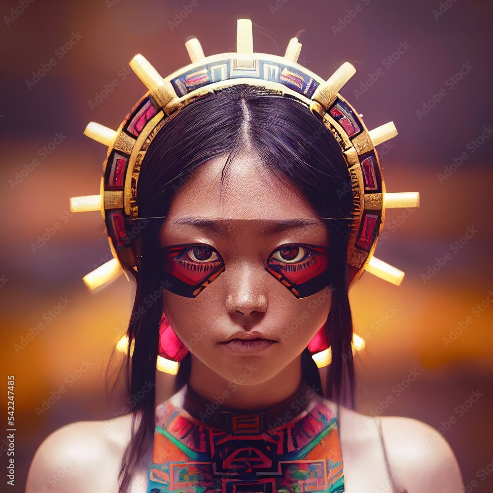 Aztec Girl in Crown Priest Aureola Digital Art 3D Render - AI Generated ...