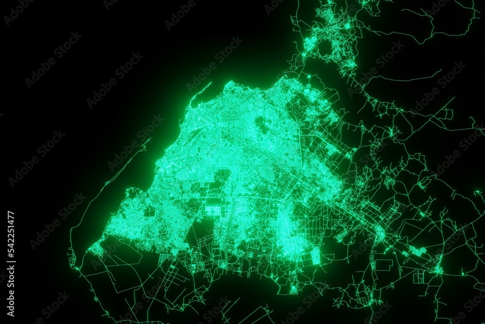 Map of the streets of Luanda (Angola) made with green illumination and ...
