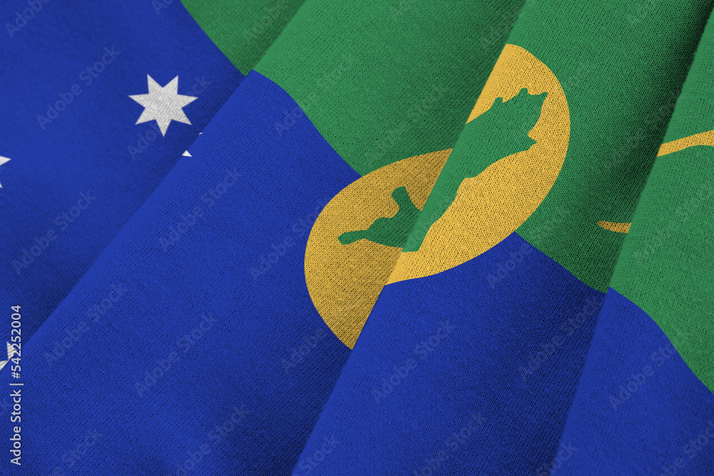Christmas island flag with big folds waving close up under the studio ...