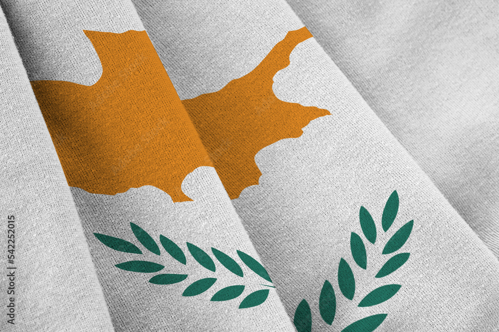 Cyprus flag with big folds waving close up under the studio light ...