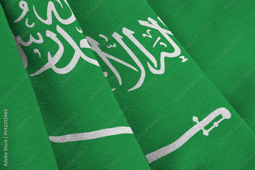 Saudi Arabia flag with big folds waving close up under the studio light ...
