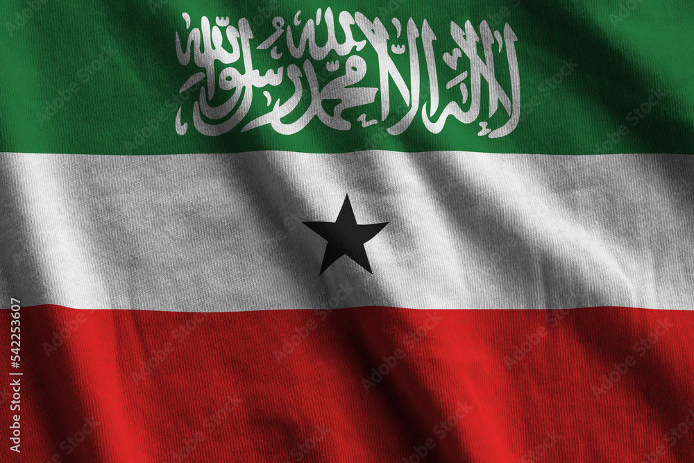 Somaliland flag with big folds waving close up under the studio light ...