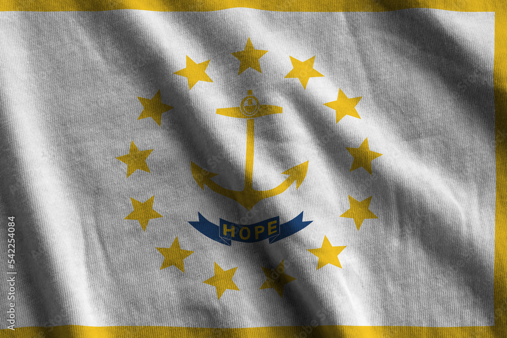 Rhode Island US state flag with big folds waving close up under the ...
