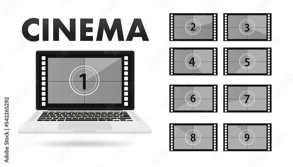 Movie on laptop. Movie countdown numbers vector set. Countdown to the ...