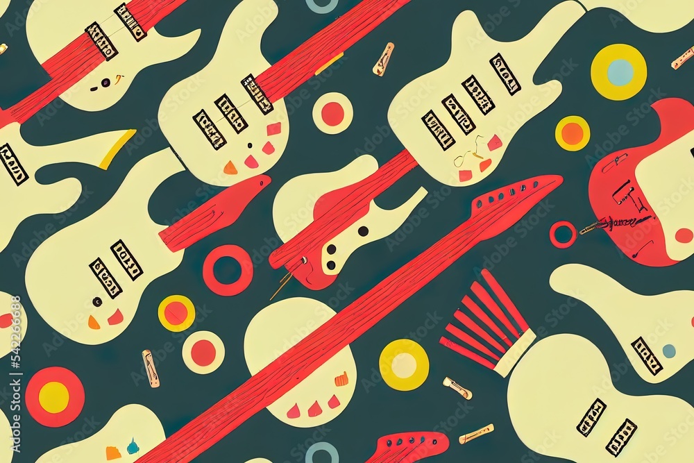 Retro musical rock instruments seamless pattern. Hand drawn colorful ...