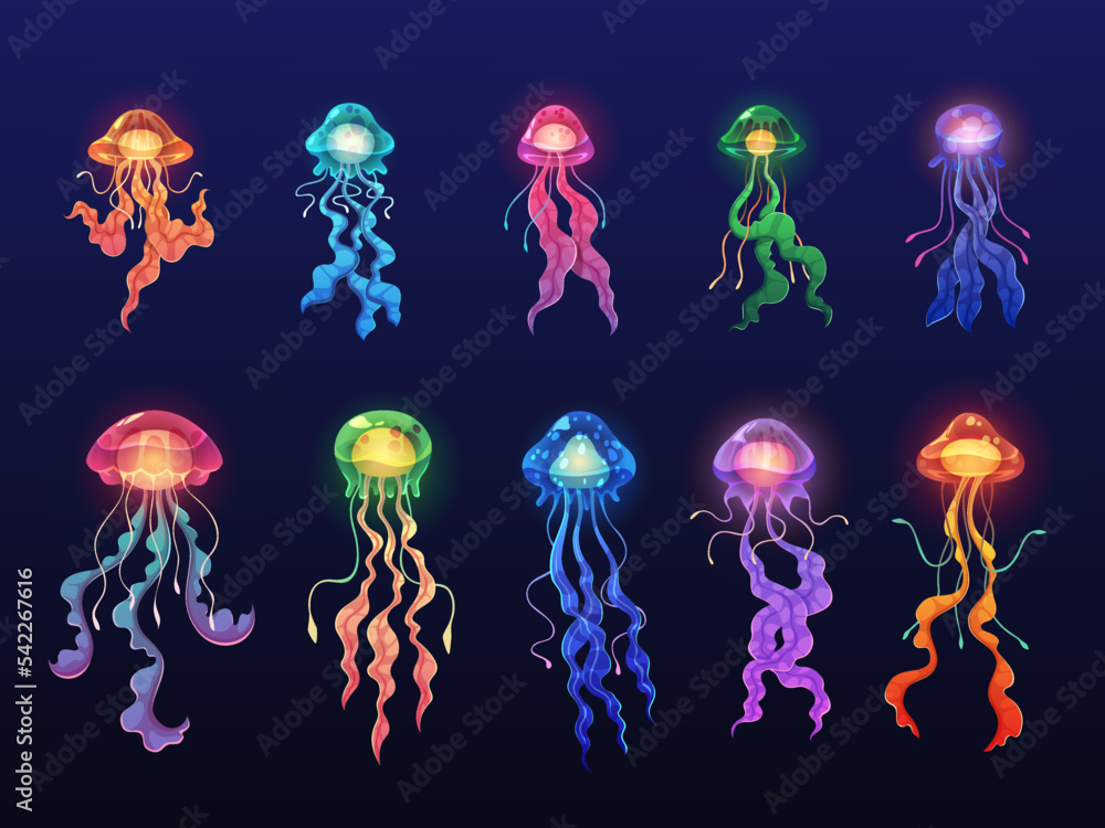Glowing jellyfishes. Exotic sea creatures, deep water ocean animals ...