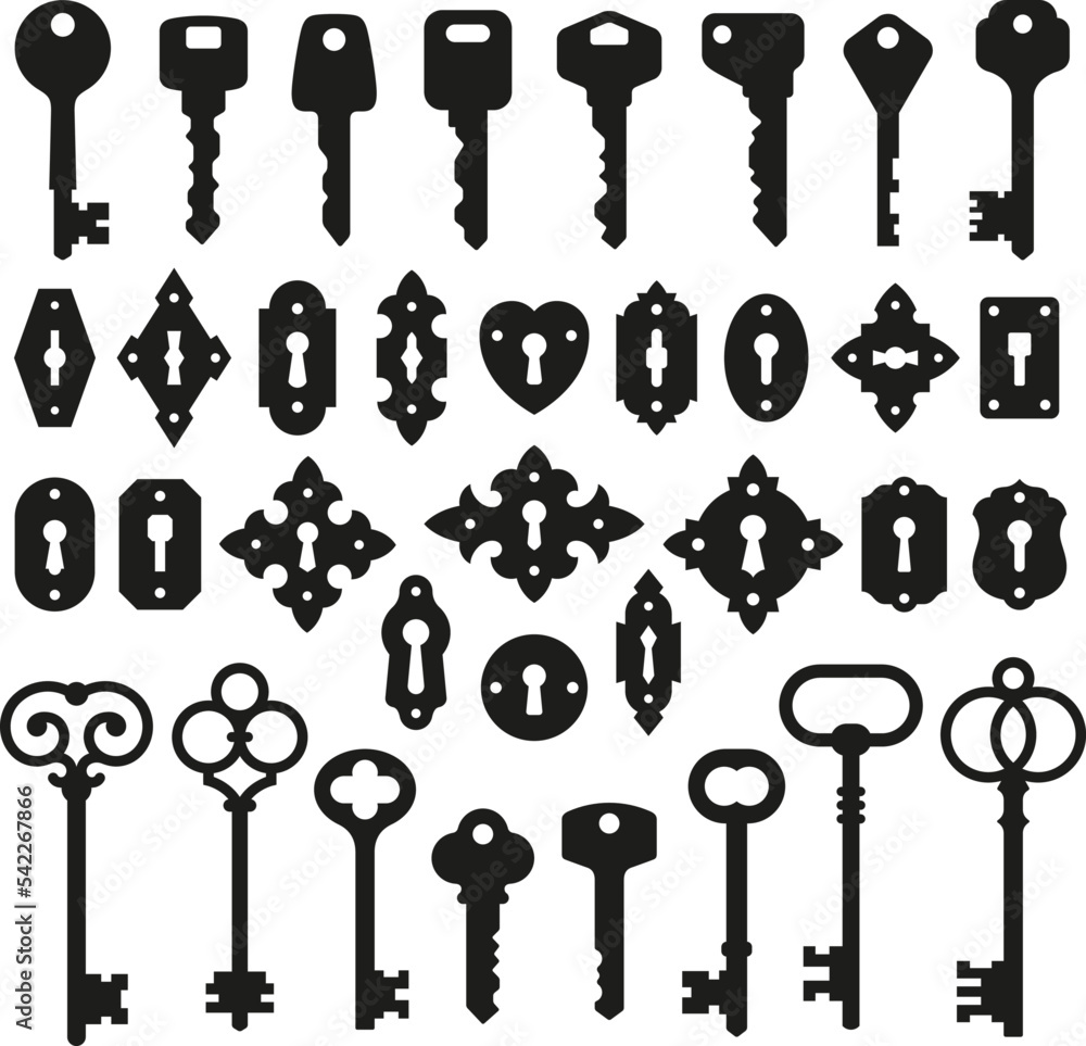 Key and keyhole silhouettes. Old vintage keyholes, antique keys black ... Key and keyhole silhouettes. Old vintage keyholes, antique keys black ...