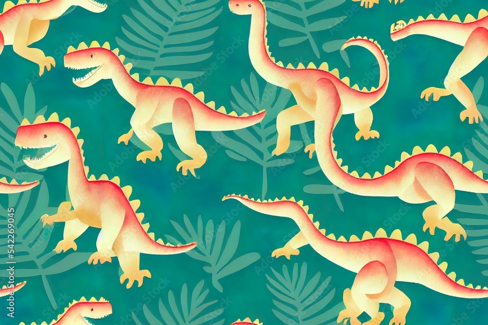 Dinosaur seamless pattern. Watercolor cartoon dino wallpaper. Surface ...