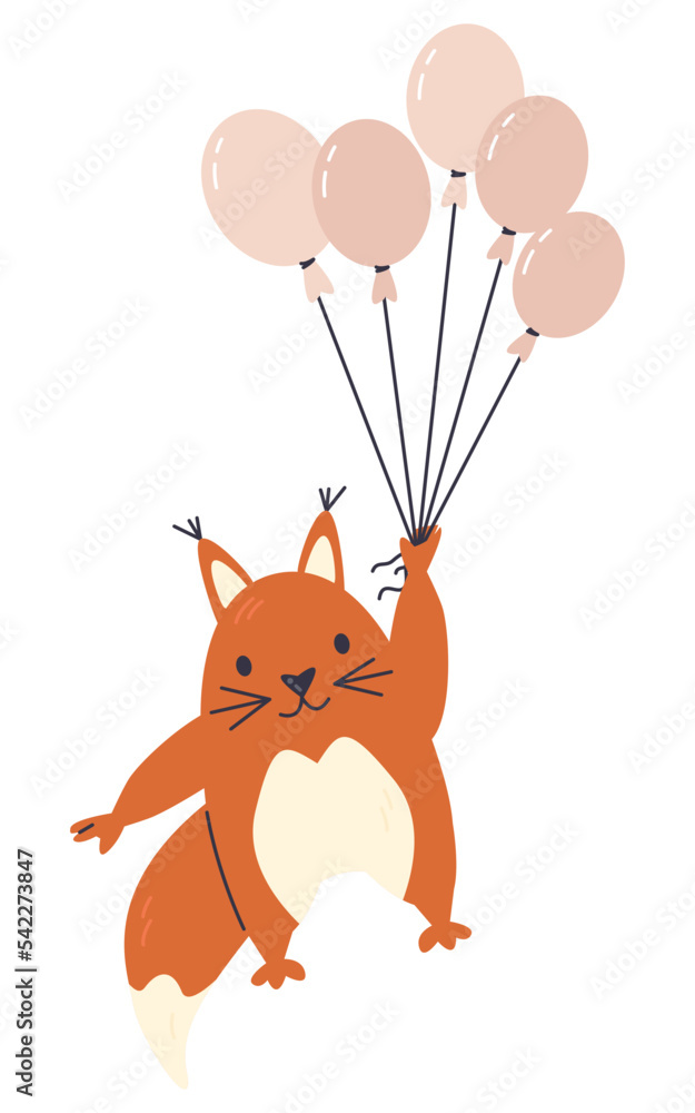 Red squirrel baby animal flying with balloons. Fluffy rodent cartoon ...