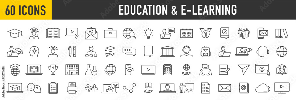 Set of 60 Education and e learning web icons in line style. School ...