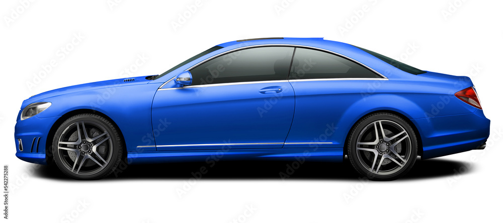 ภาพประกอบสต็อก Modern blue car coupe side view isolated on white ...