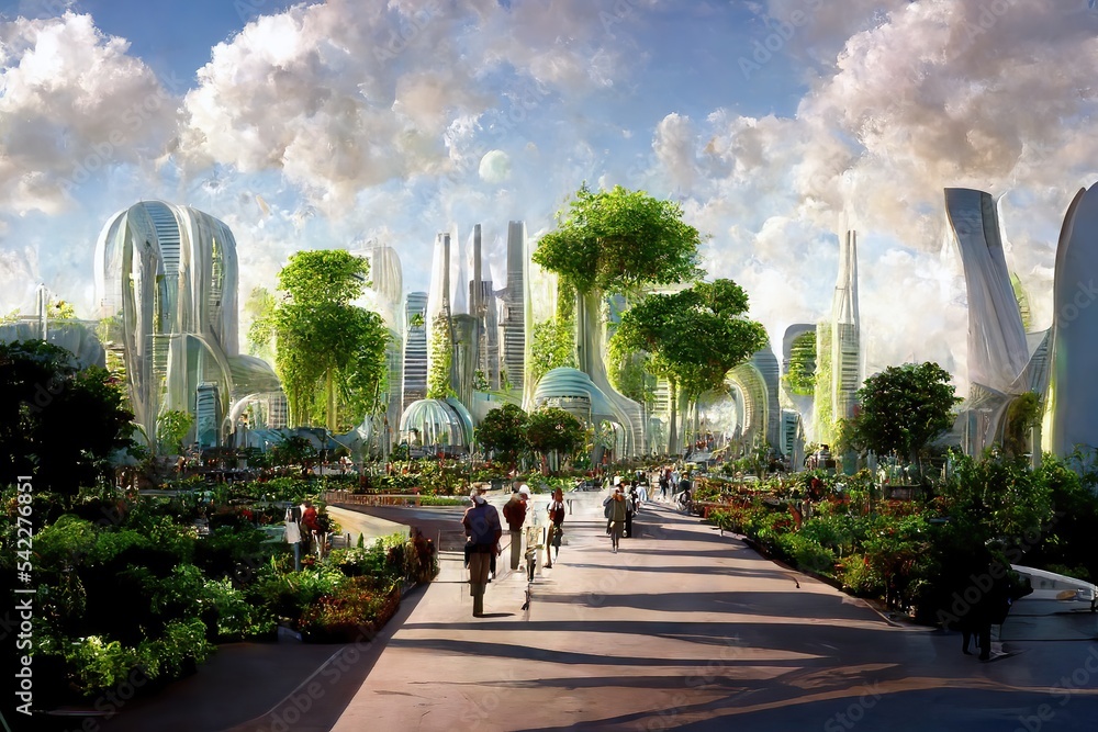 Eco-futuristic cityscape ESG concept full with greenery, skyscrapers, parks, and other manmade ...