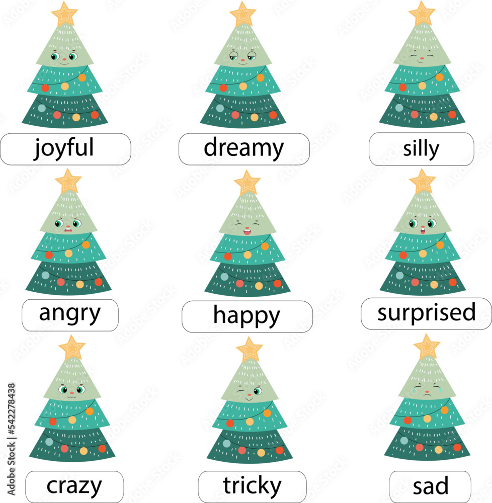 Cute Christmas tree emotions collection. Different emotional faces set ...