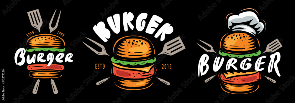 Burger logo. Fast Food emblem. Set of badges, symbols, design elements ...