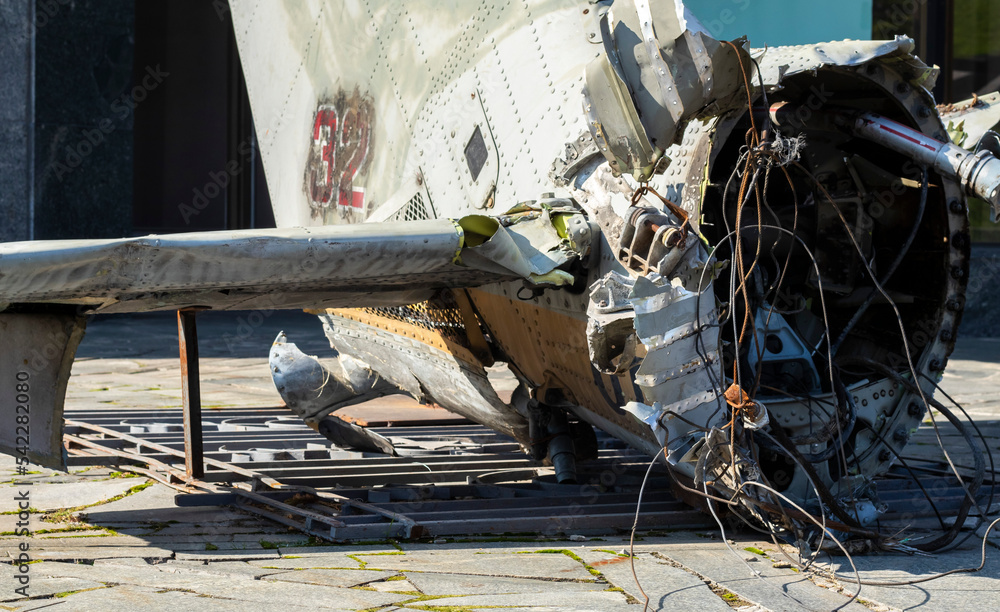 Burnt parts of the destroyed Russian Air Force combat helicopter Hind ...