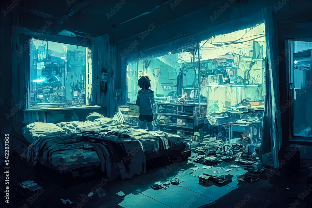 Interior of cluttered, chaotic apartment in matte blue tone. Anime ...