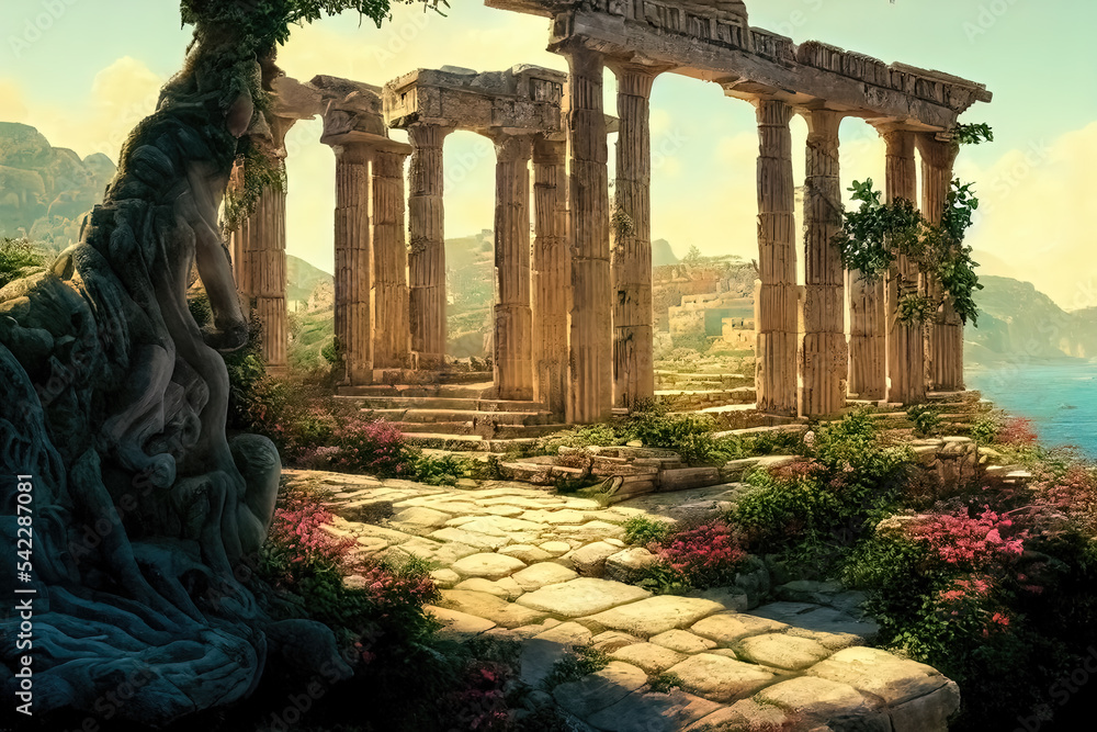 Ancient Greek coastal town with sea view, white cobblestone road and a ...