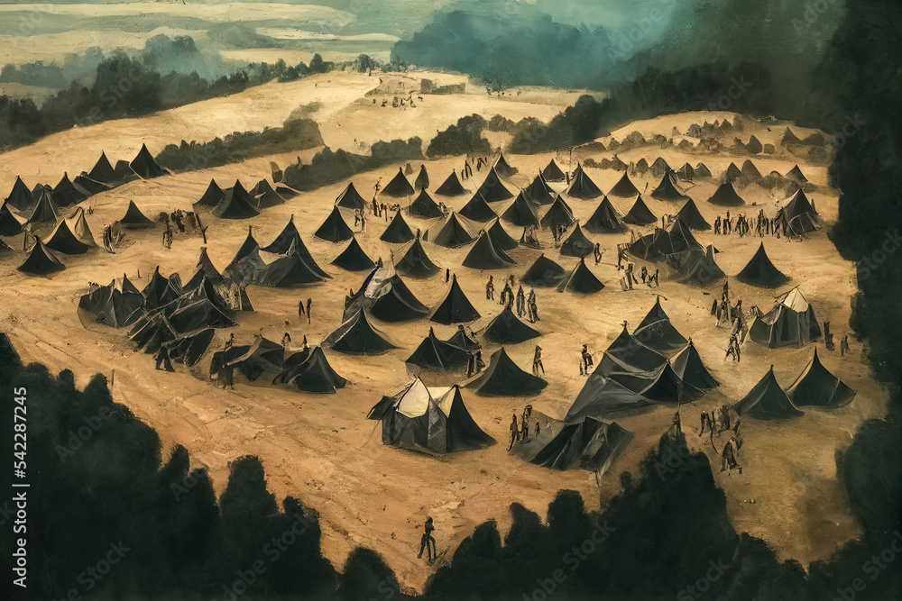 Historic illustration of a large, medieval war camp with hundreds of ...