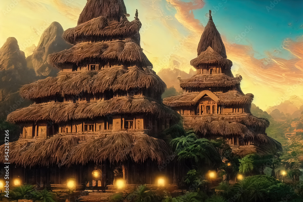 Digital concept art of ancient Polynesia. Polynesian city huts of ...