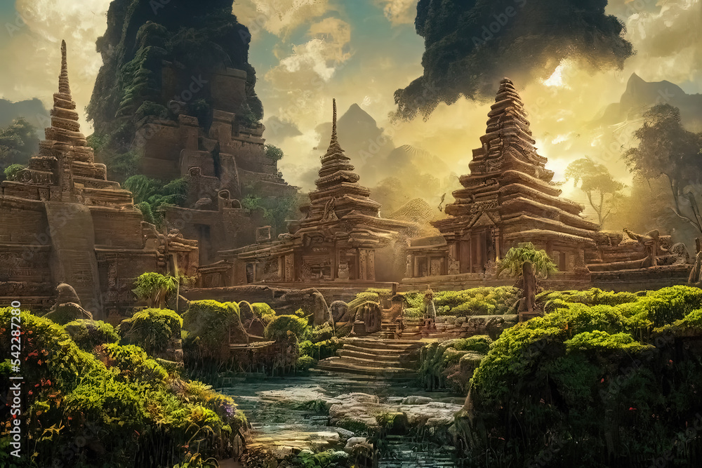 Ancient Polynesian city architecture with temples and pagodas among ...