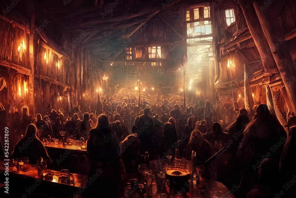 Wooden interior of Odin's Hall with silhouettes of viking heroes sat ...