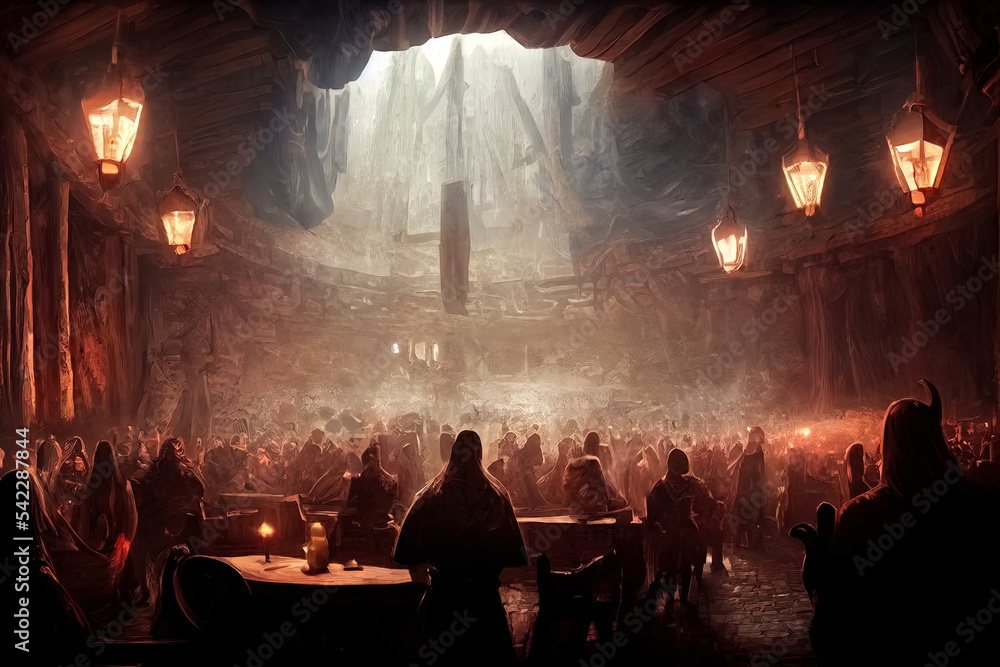 Wooden interior of Odin's Hall with silhouettes of viking heroes sat ...