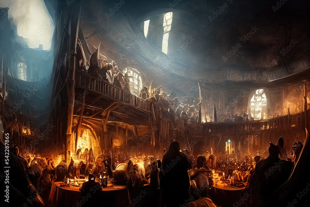 Wooden interior of Odin's Hall with silhouettes of viking heroes sat ...