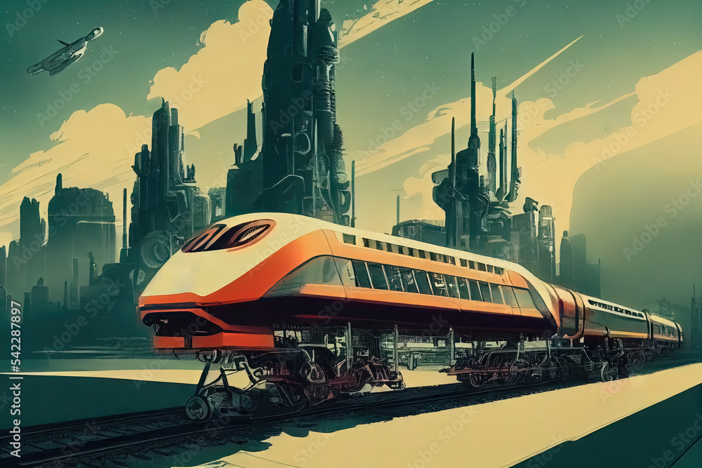 Concept art illustration of a retro futuristic train travelling ...