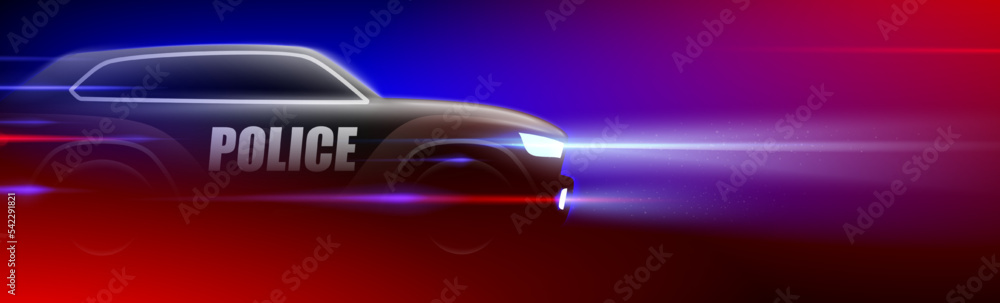 Police SUV car riding on a high speed on a dark background with ...