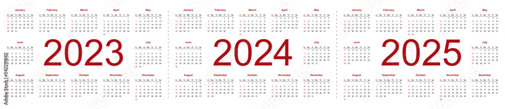 Simple editable vector calendars for year 2023 2024 2025. Week starts ...