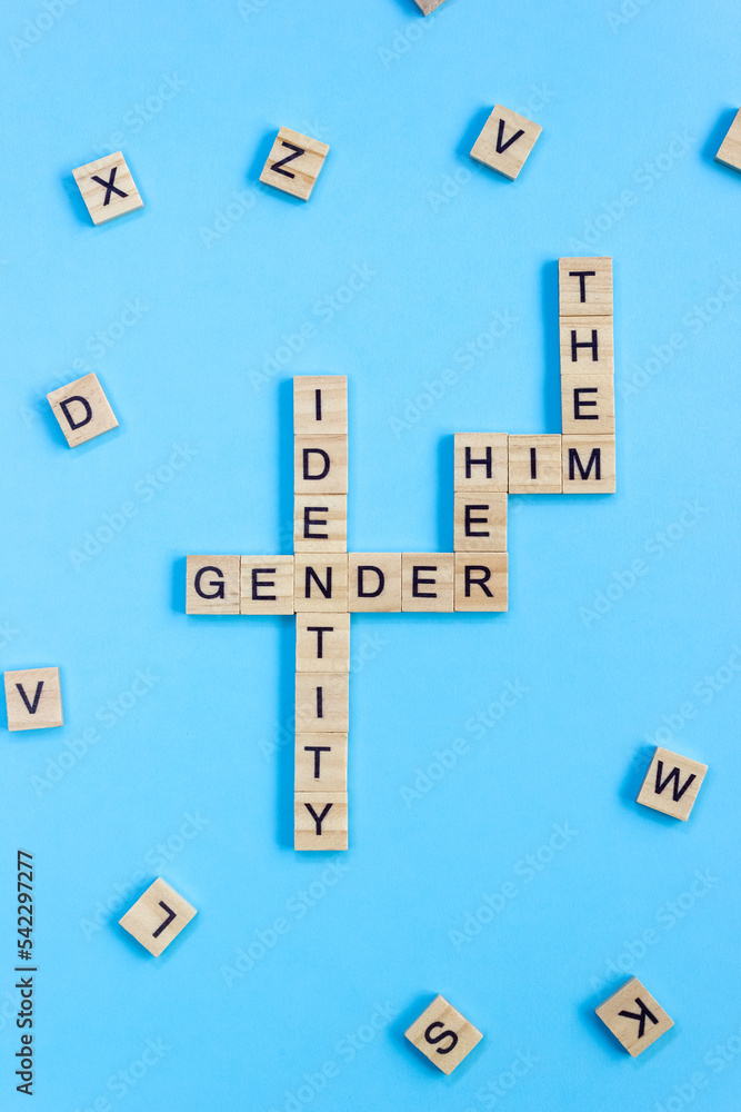 Words Gender Identity and His, Her and Them made up of wooden blocks ...