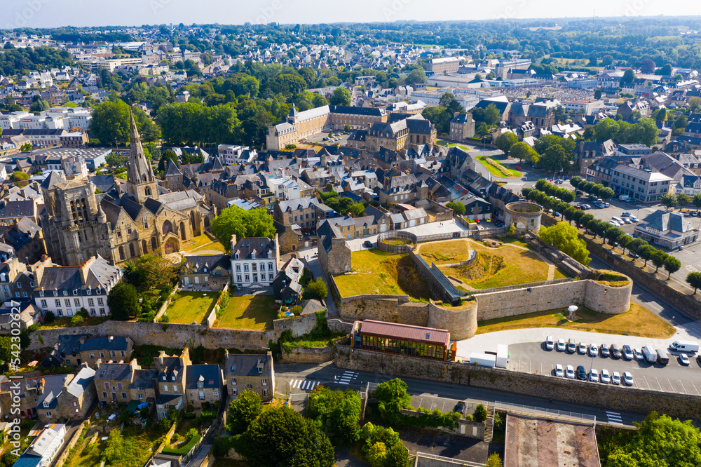 Scenic drone view of summer cityscape of Guingamp with Gothic Basilica ...