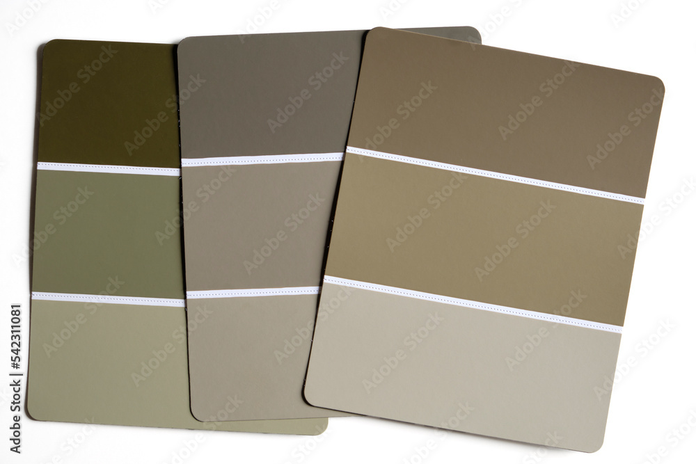 Color swatches on a table. Autumnal and winter shades of green, khaki ...