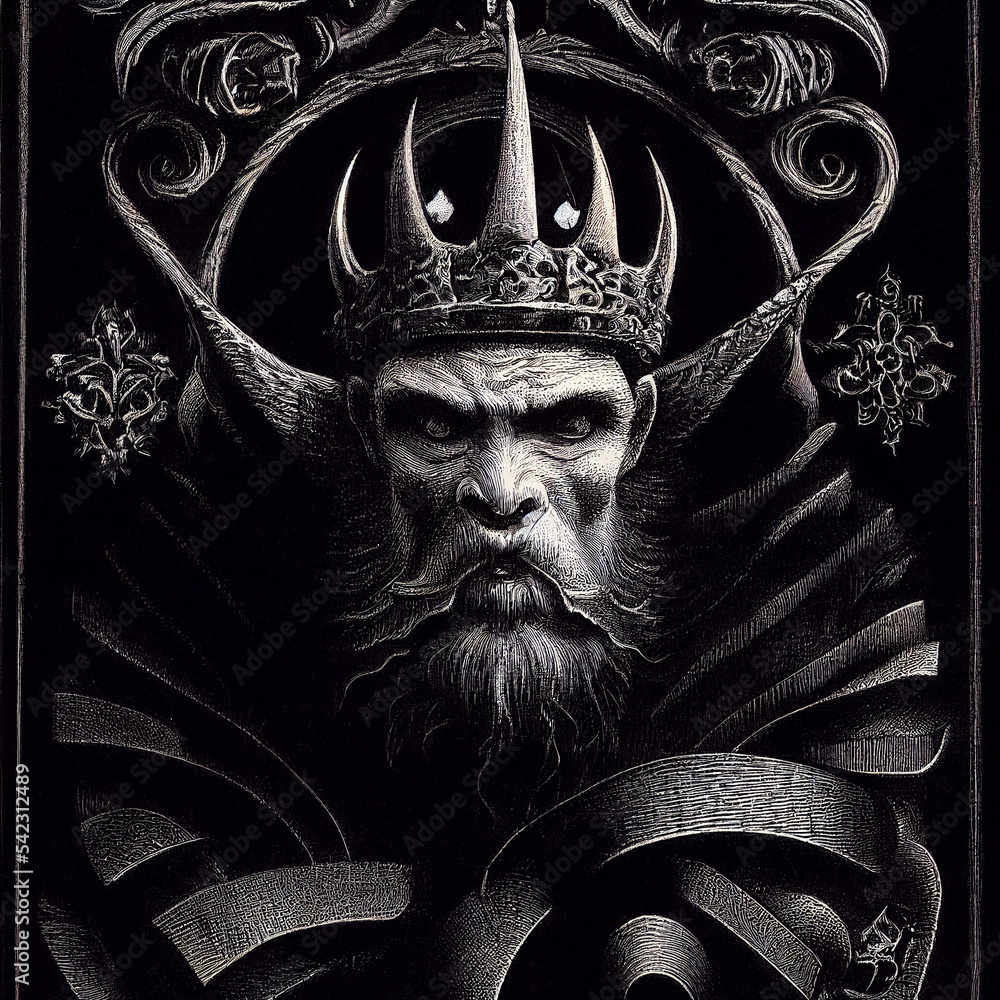 Horned demon King gothic engraving illustration filigree background ...