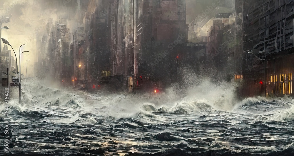 Photo & Art Print Tsunami tidal wave city flood natural disaster ...