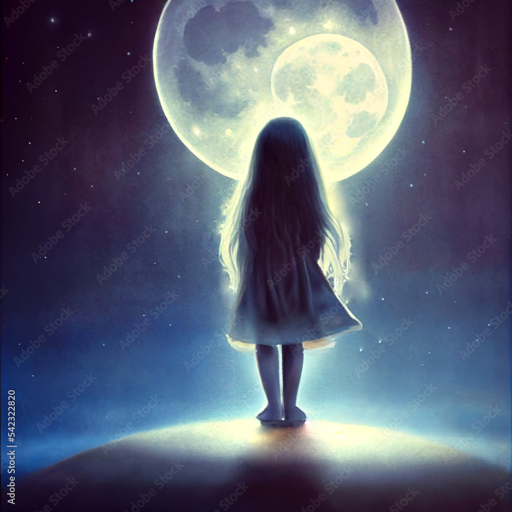 Little Girl Standing In Front of The Moon in the Night Sky | Created ...