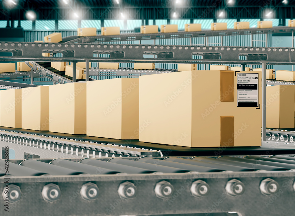 Cardboard boxes go along the conveyor. Automation of the warehouse ...