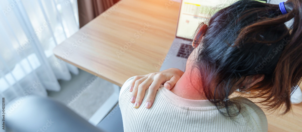 Woman having Neck and Shoulder pain during work long time on workplace ...