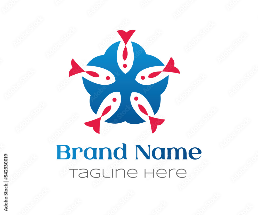 Fish logo design. Blue round icon with five fish. Fishing symbol ...