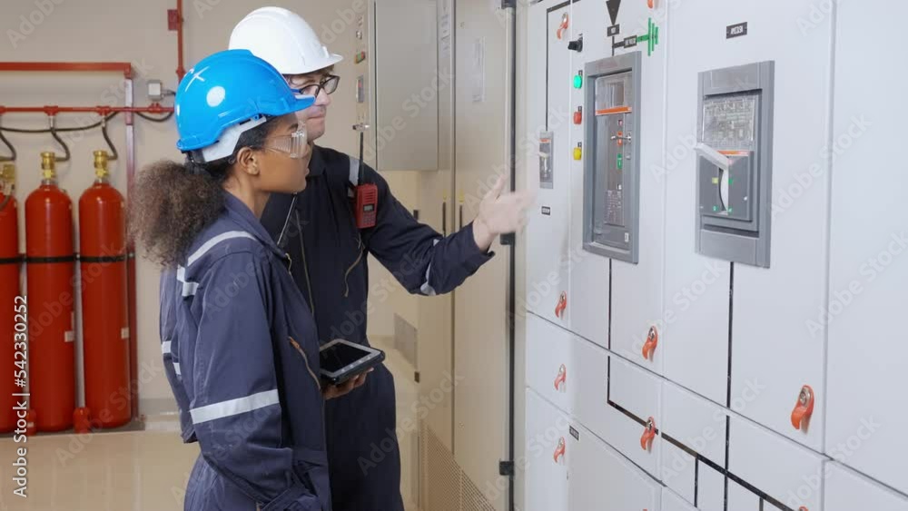 Electrical young woman and man engineer examining maintenance cabinet ...