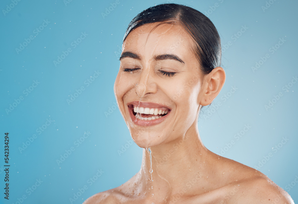 Skincare, cleaning and washing face by woman in studio for wellness ...