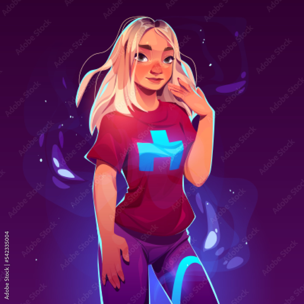 Cartoon Beautiful Girl With Blonde Hair Wear Trendy T Shirt And Tight Pants On Purple Background