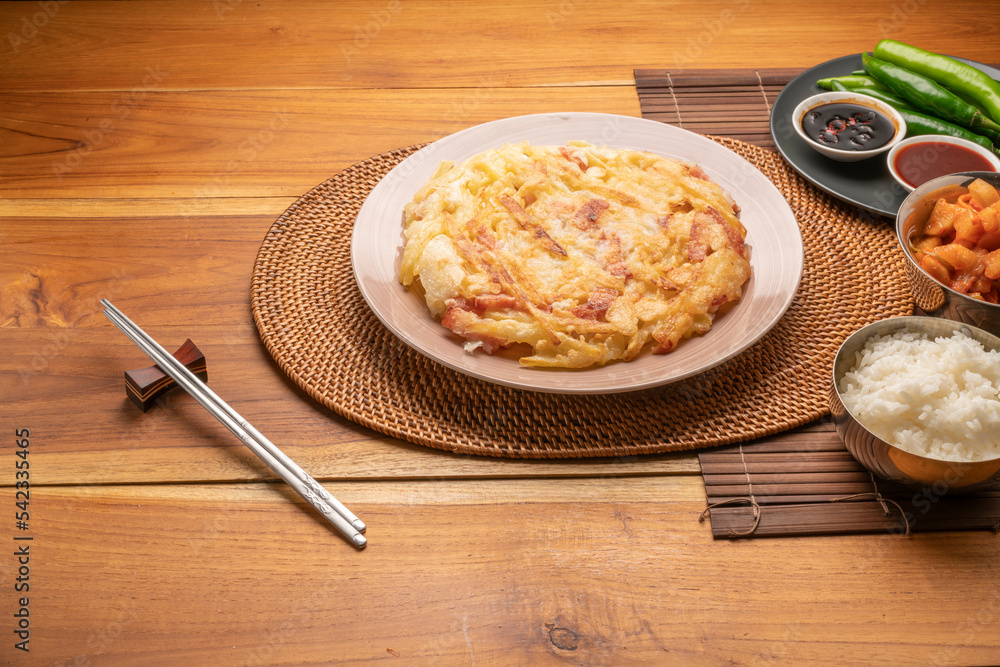 Korean pancake or Pajeon, Korean dish made from egg and wheat flour ...