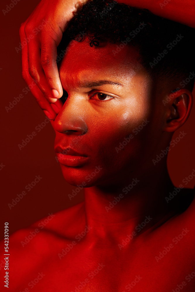 Red beauty, light and face of model with creative shadow design ...