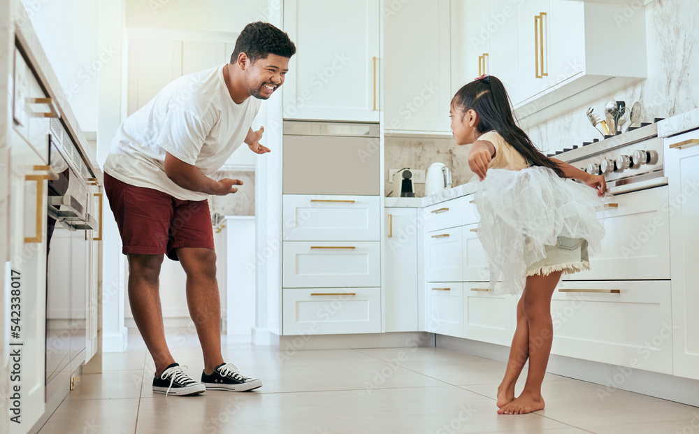 Family, dance and girl with father in kitchen for ballet, fun and ...