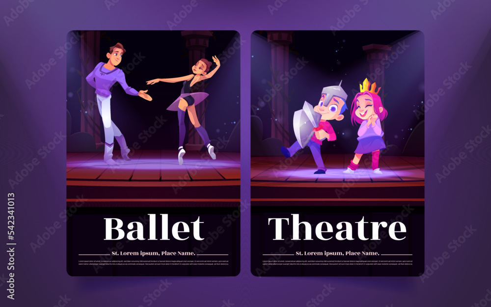 Ballet and theater posters with dancers couple and kids play ...