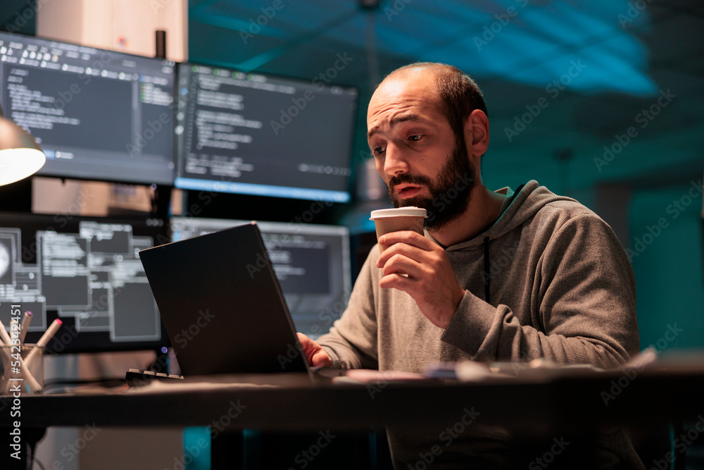 Overworked Coder Drinking Coffee Cup And Programming Html Script In Office After Hours Enjoying