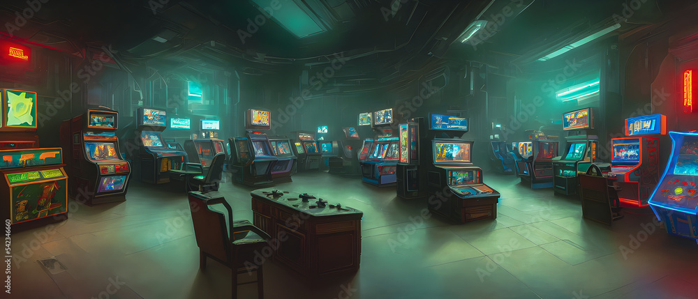 Artistic concept illustration of a vintage video games room, background ...